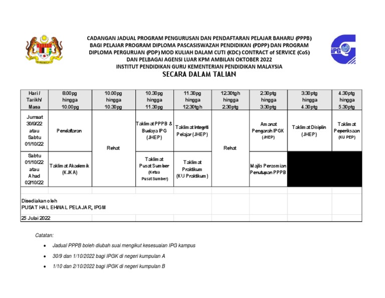 01 Jadual PDPP PDP KDC Okt2022 | PDF