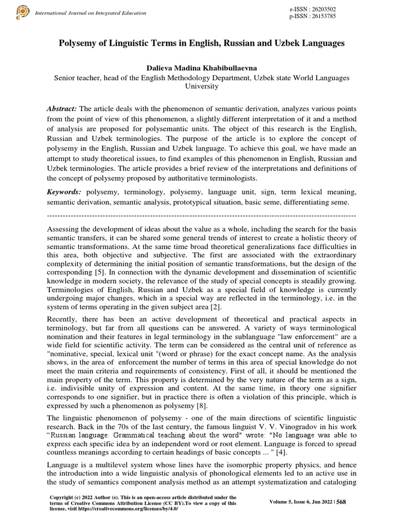 Polysemy of Linguistic Terms in English, Russian and Uzbek Languages | PDF | Linguistics | Concept