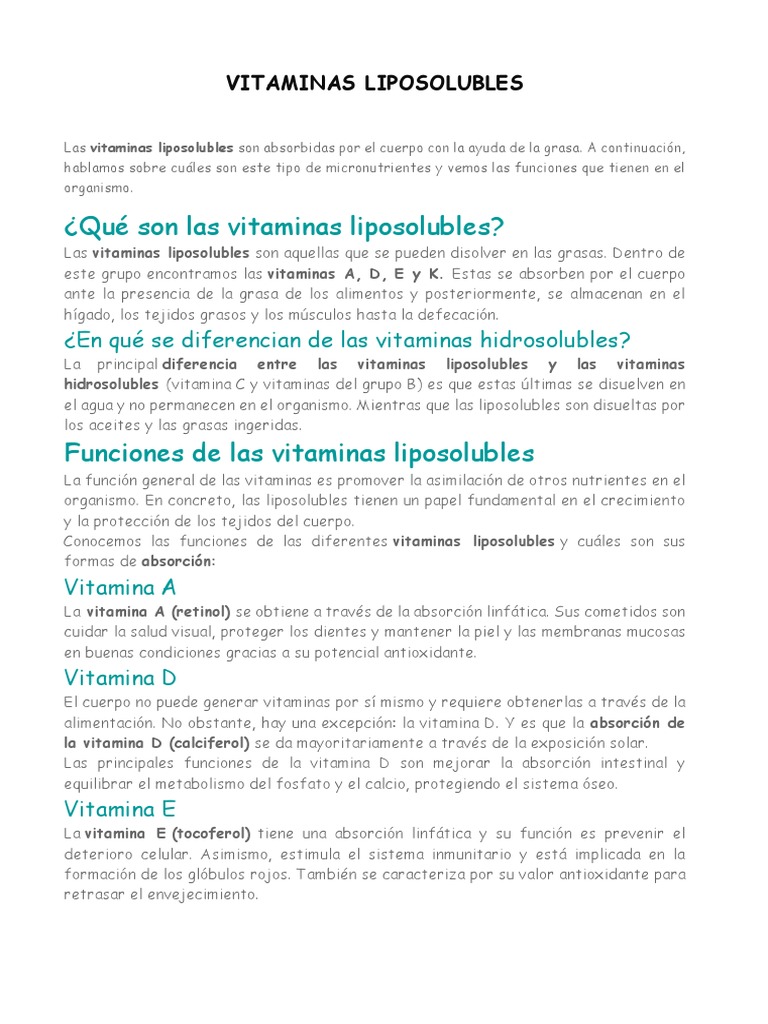 Vitaminas Liposolubles: Funciones y Fuentes | PDF