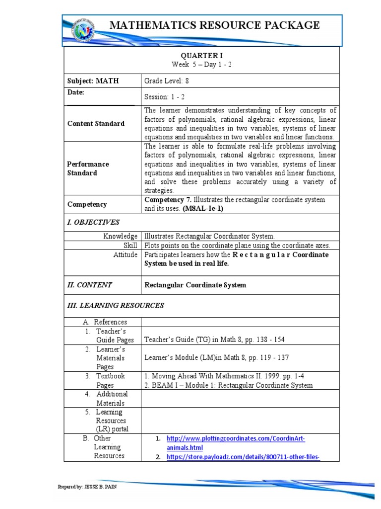 LP Week 5 Day 1-2 - Math 8, Rectangular Axis | PDF | Cartesian ...