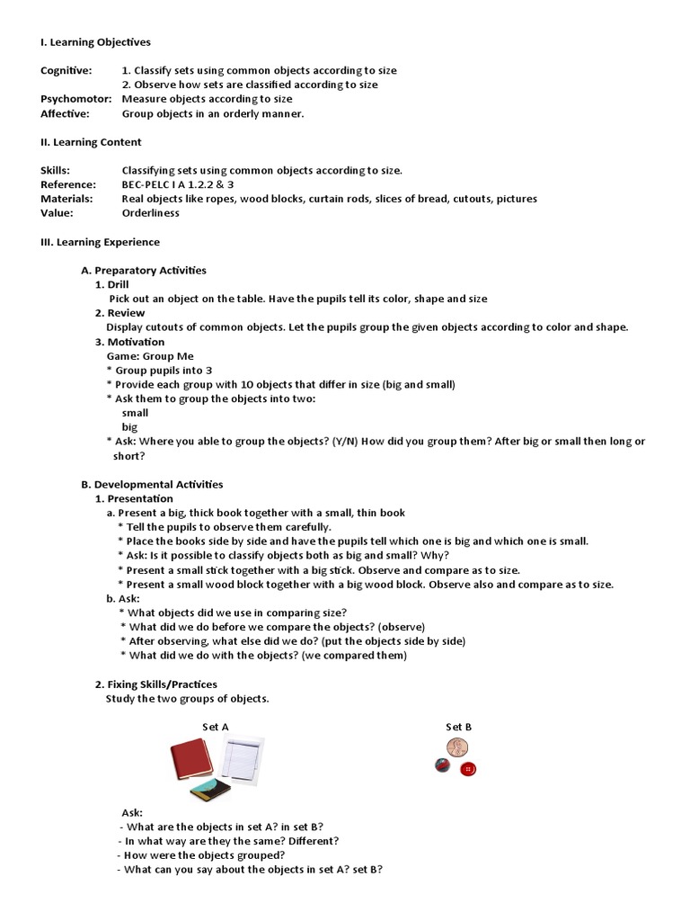Classify Sets Using Common Objects According To Size LP (MS Word) | Download Free PDF | Learning ...