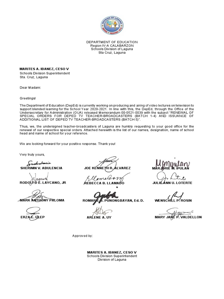 Request For Renewal of So Sdo Laguna Teacher Broadcasters | PDF