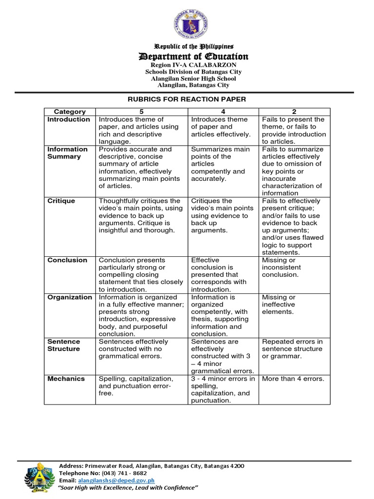 Rubrics Reaction Paper | PDF
