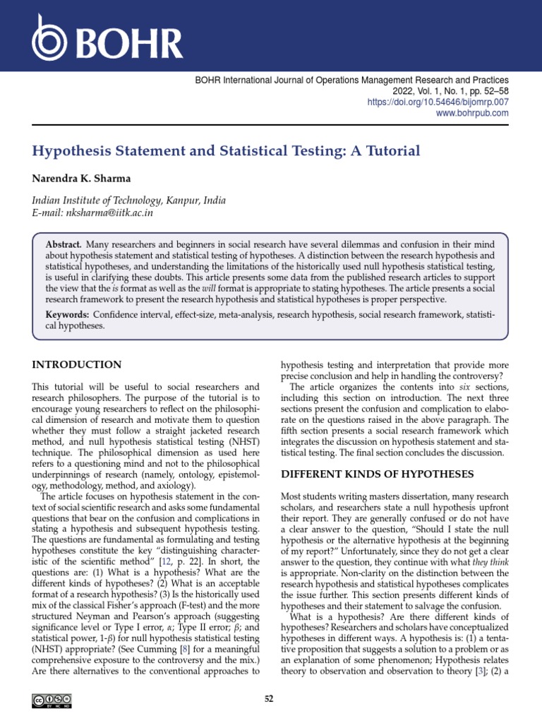Hypothesis Statement and Statistical Testing: A Tutorial | PDF ...
