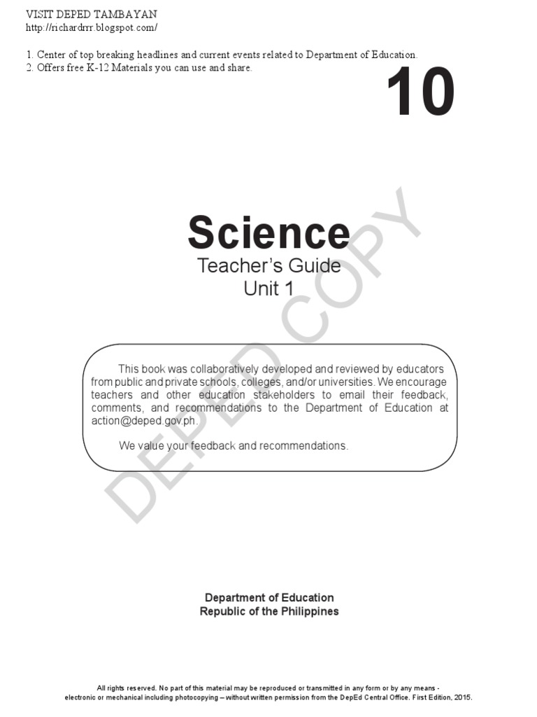 Teachers Guide For Grade 10 Science | PDF | Learning | Science