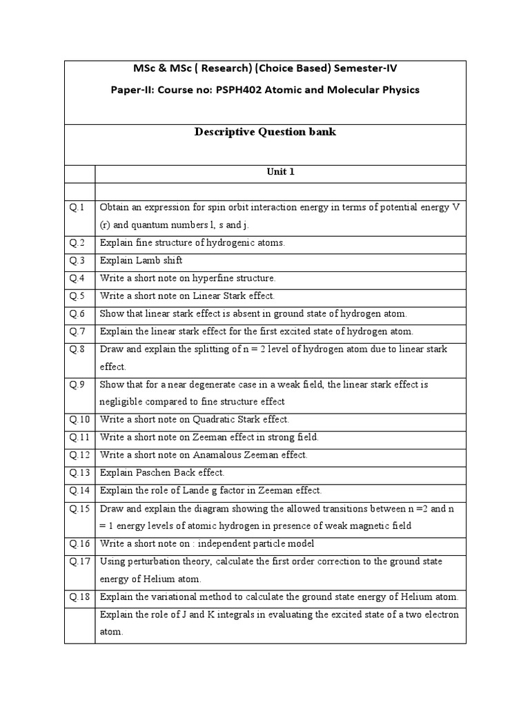 Atomic Physics - QB - May 2022 | PDF | Hartree–Fock Method | Spectral Line