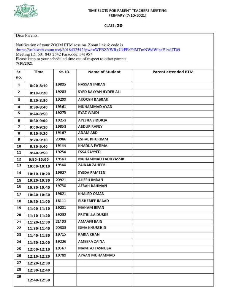 PTM Time Slots - 7.10. 2021 | PDF