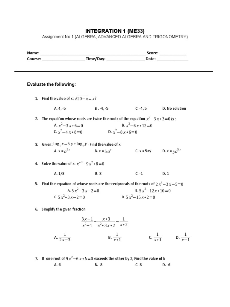 ALGEBRA TRIGO Without Answers | PDF | Quadratic Equation | Equations