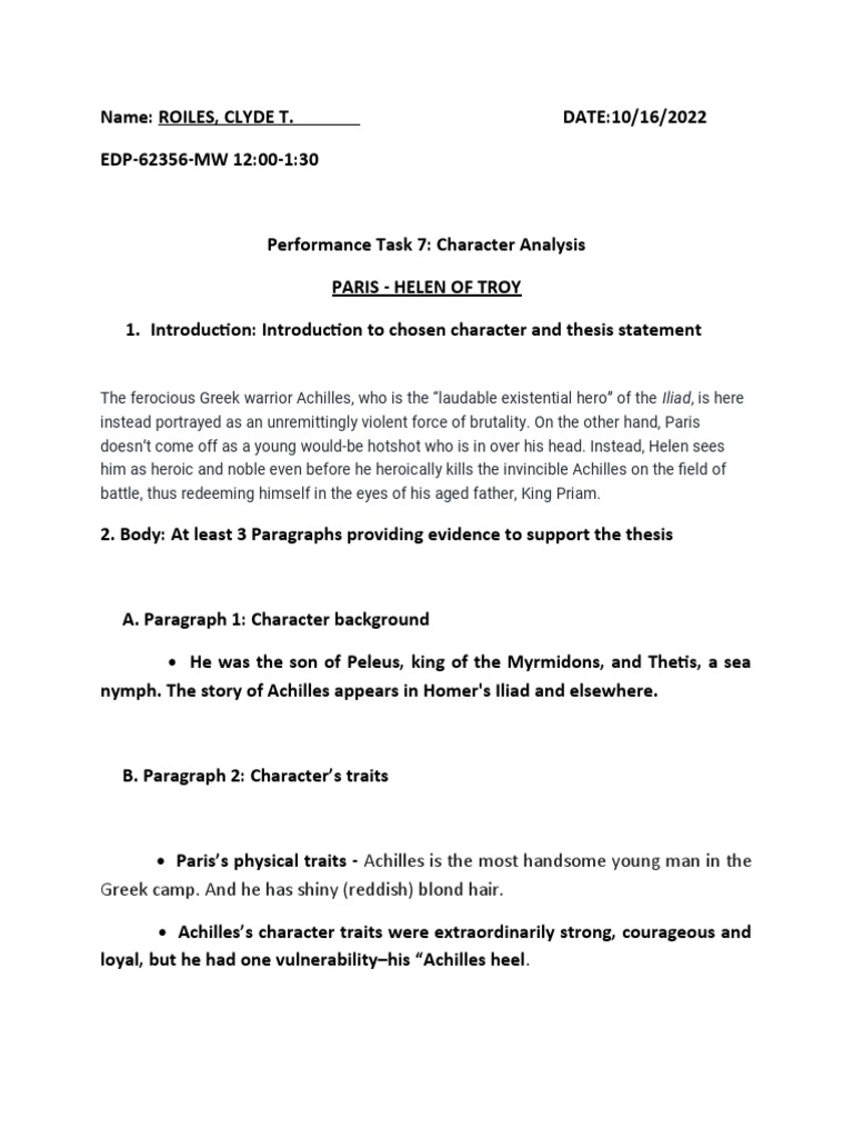 Performance Task 7 Character Analysis Pdf Achilles Paris Mythology