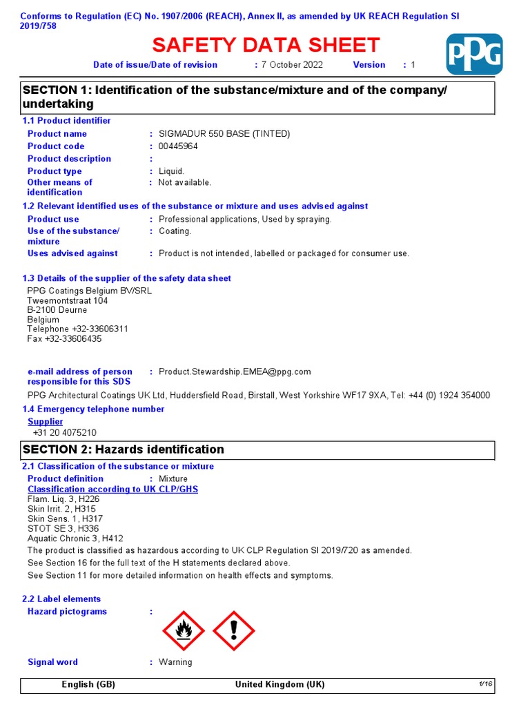 Sigmadur 550 - Sds | PDF | Safety | Occupational Safety And Health