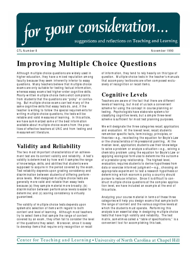 Improving Multiple Choice Questions UNCCH | PDF | Multiple Choice ...