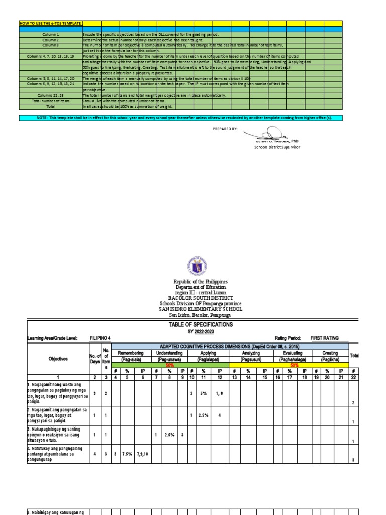 TOS_FILIPINO 4_Q1 | PDF | Test (Assessment) | Cognitive Science