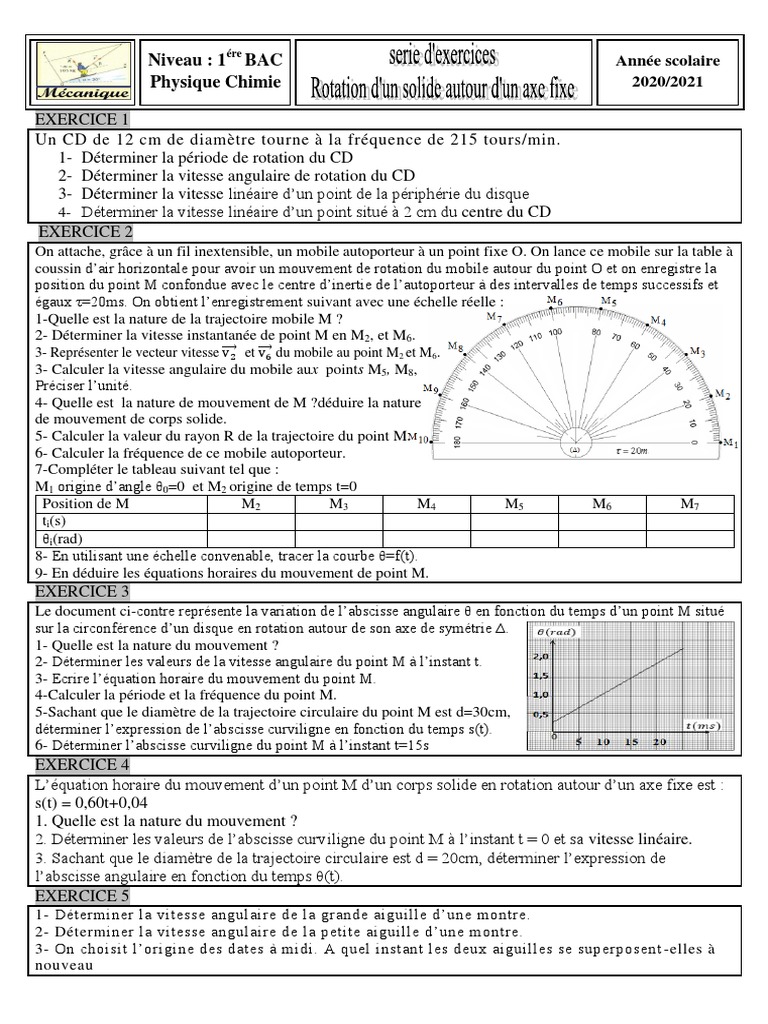 Exercices de mouvement de rotation 1 BAC | PDF | Mouvement de rotation ...