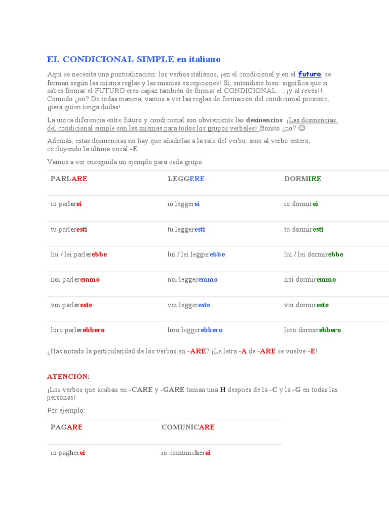 EL CONDICIONAL SIMPLE en Italiano | PDF | Verbo | Conjugación gramatical
