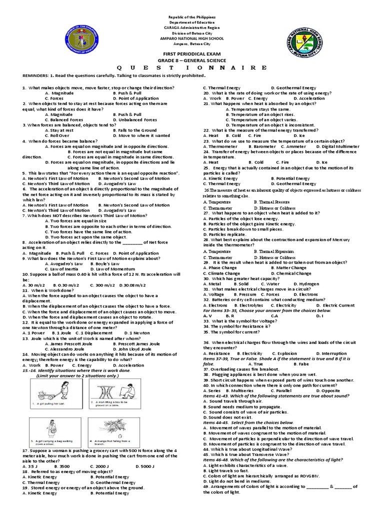Grade 8 General Science Exam Questions | PDF