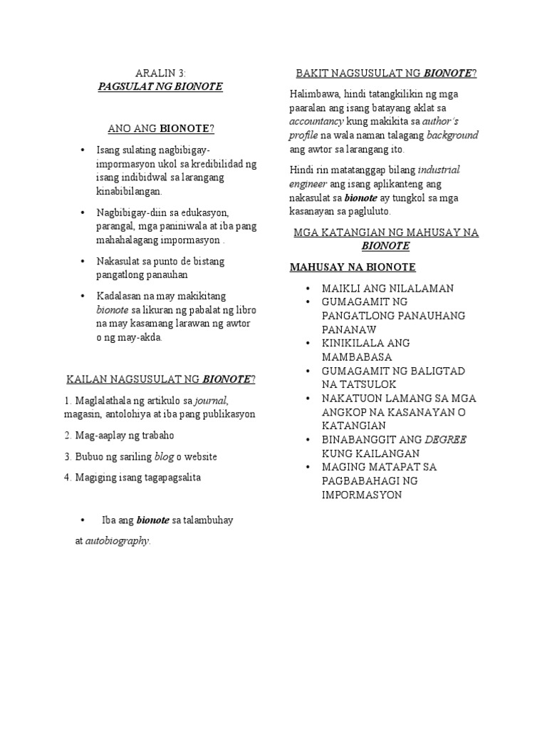 Pagsulat NG Bionote | PDF