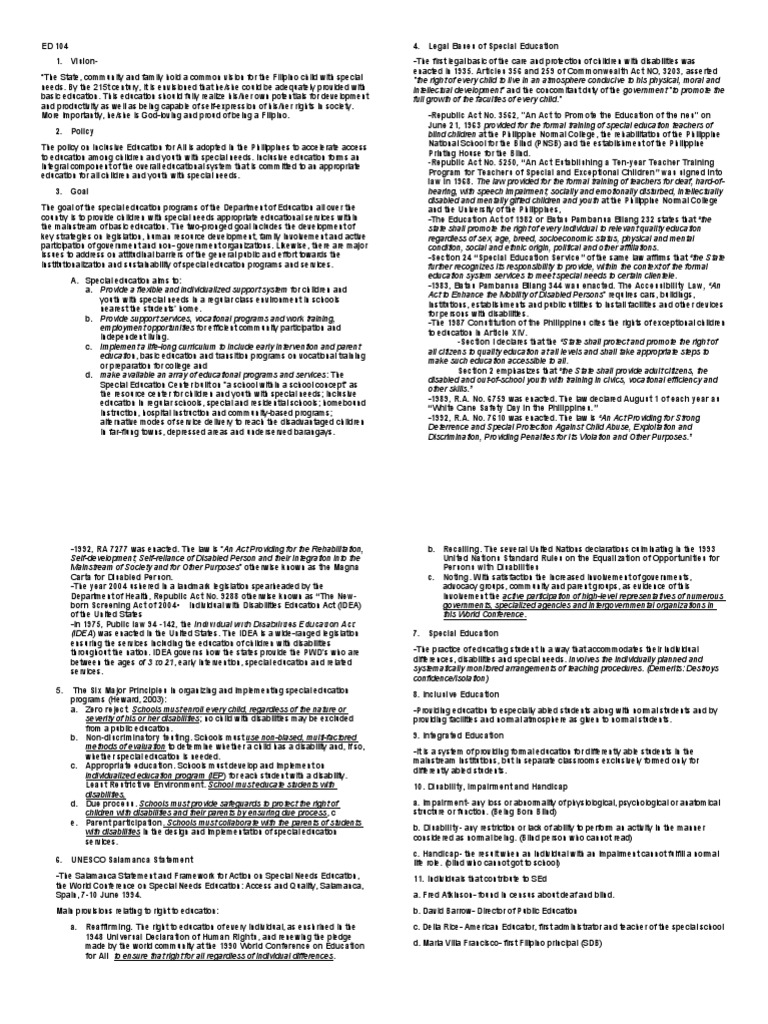 ED 104 Midterm | PDF | Special Education | Disability