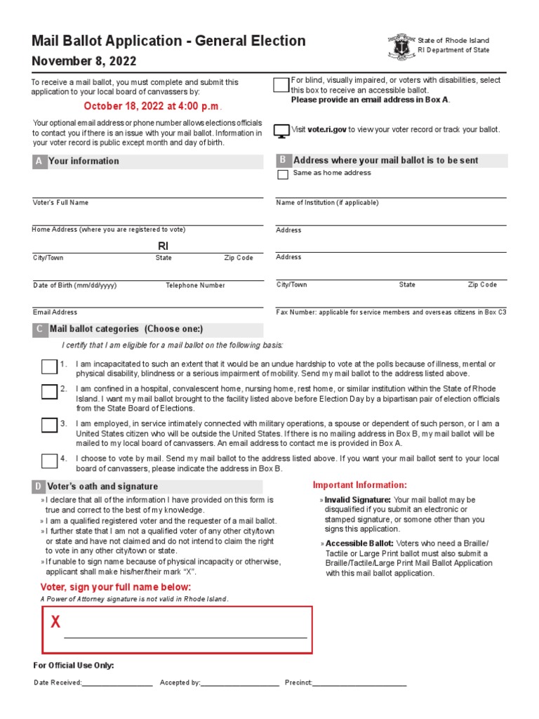 Mail Ballot Application For Rhode Island General Election. | PDF | Mail ...