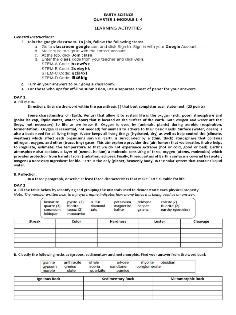 EARTH SCIENCE Week 1 Activities | PDF | Rock (Geology) | Earth