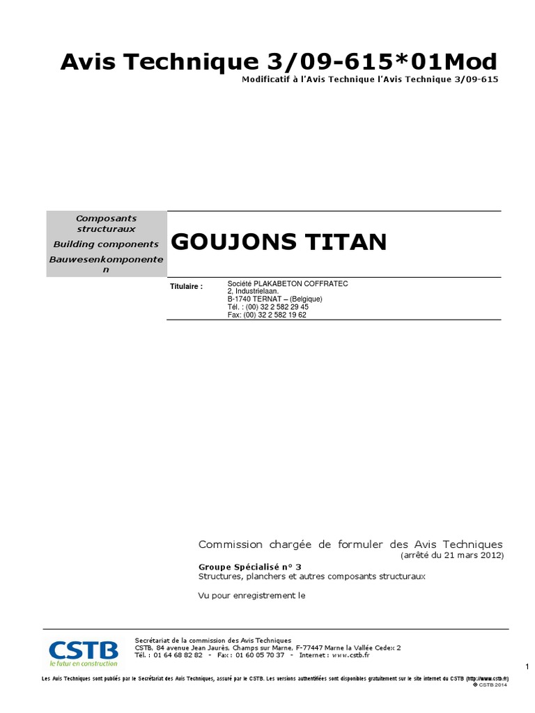 TITAN Avis Technique Du CSTB Sur Goujon Modification | PDF | Béton armé | Génie parasismique