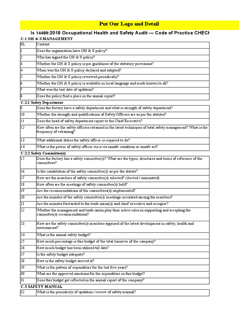 Is 14489 2018 Audit Check List | PDF | Fires | Personal Protective ...