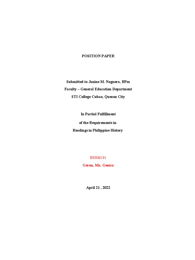 Midterm- Position Paper- Rph Format 2t (1) | PDF | Philippines | Spanish Colonization Of The ...