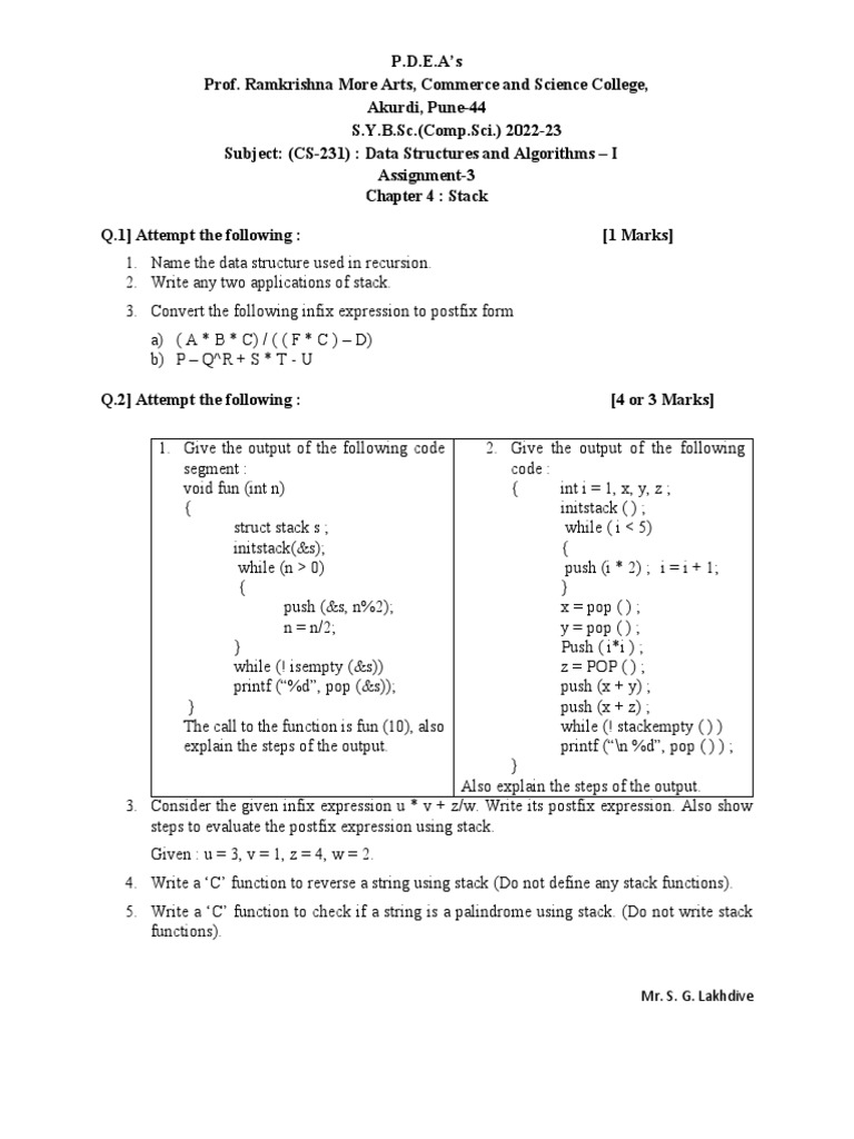 DSA Chapter-4 Stack Assignment | PDF | Subroutine | Software Engineering