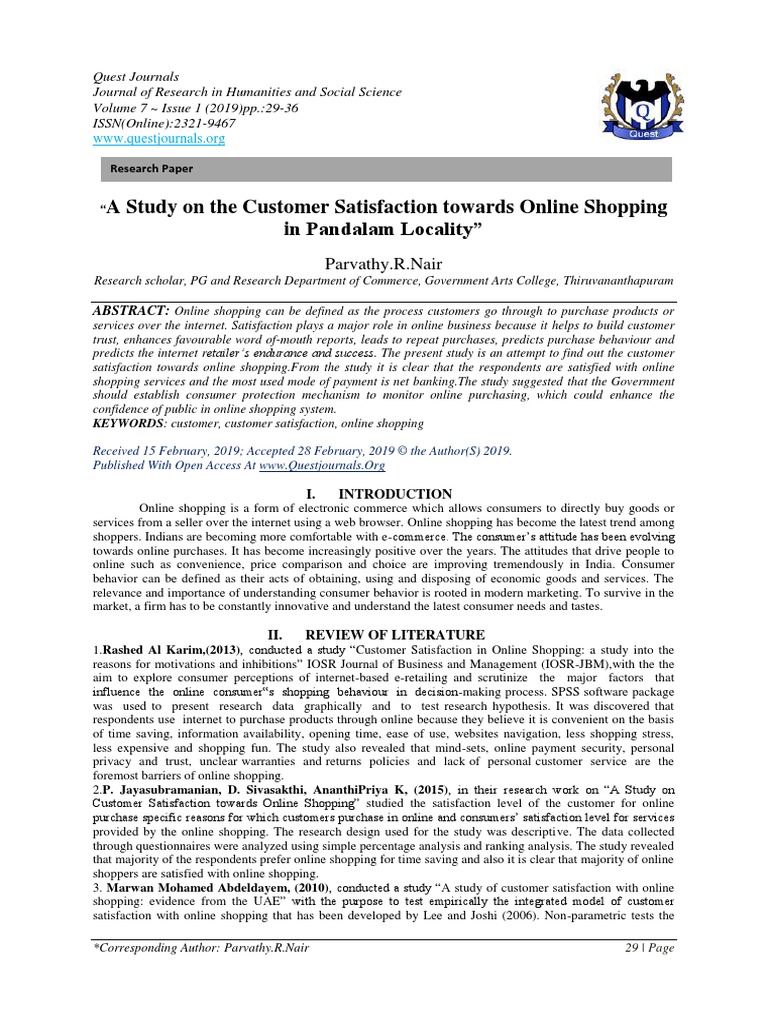 A Study On The Customer Satisfaction Towards Online Shopping in Pandalam Locality" | PDF ...