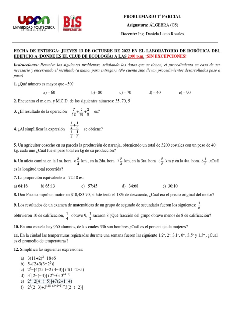 Problemario 1° Parcial - Álgebra | PDF | Métodos y materiales de enseñanza