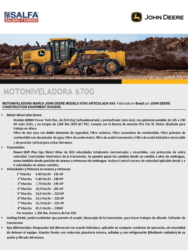 Ficha Técnica Motoniveladora John Deere 670G BR (90 LTS) | PDF | Industria automotriz ...