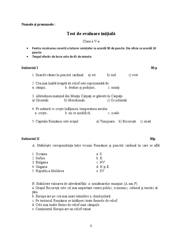 Test Initial Clasa A5a | PDF
