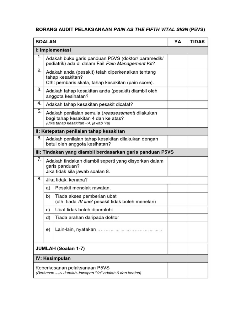 Borang Audit Pelaksanaan Pain As The Fifth Vital Sign1 | PDF ...