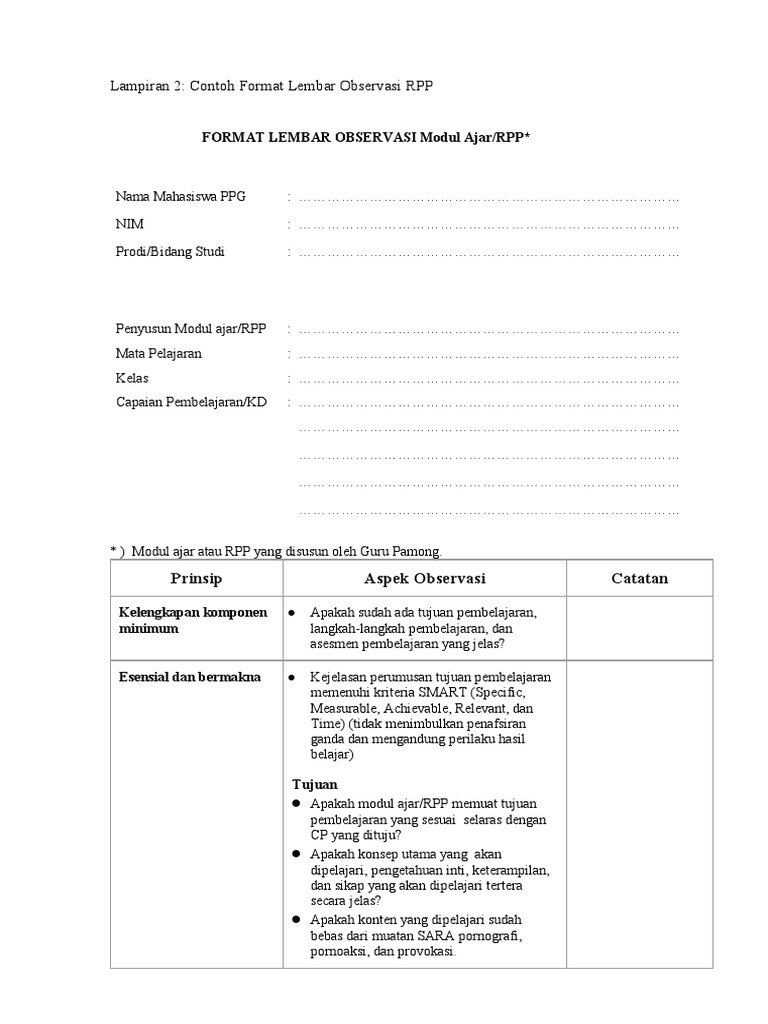 Lampiran 2 - Contoh Format Lembar Observasi RPP | PDF