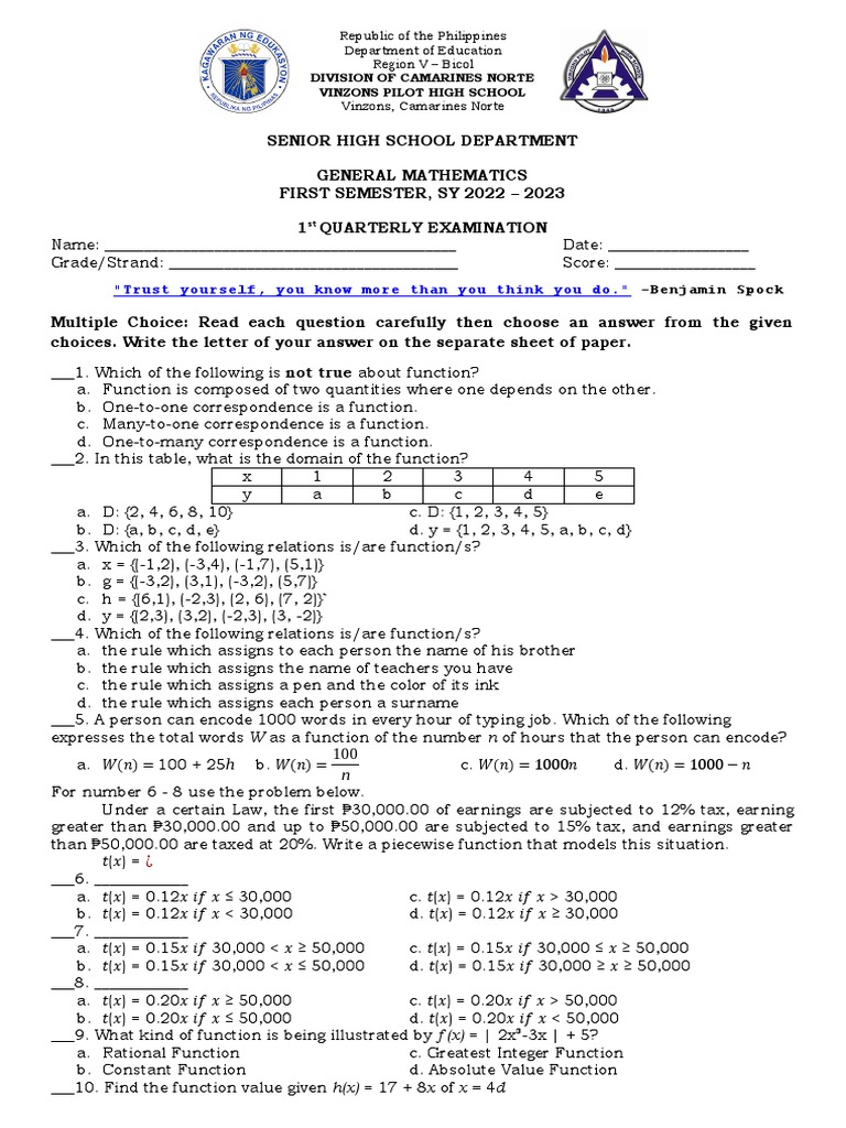 1st QUARTERLY EXAM | PDF | Equations | Multiplication
