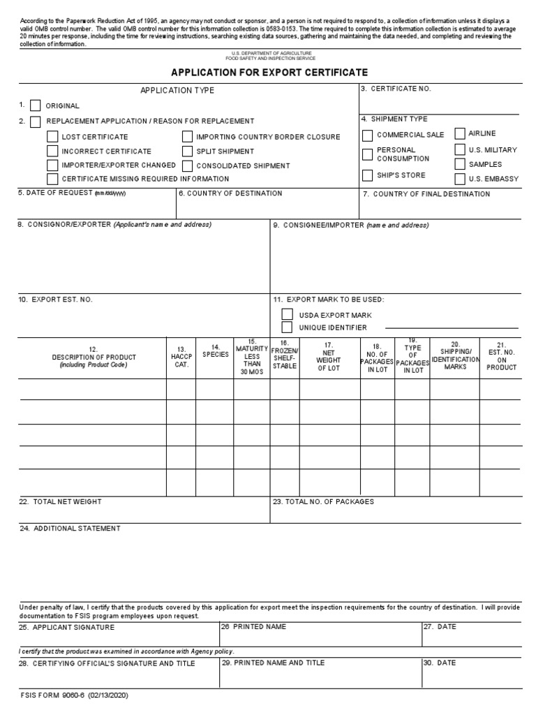 FSIS 9060-6 Application For Export Certificate | PDF | Food And Drink ...