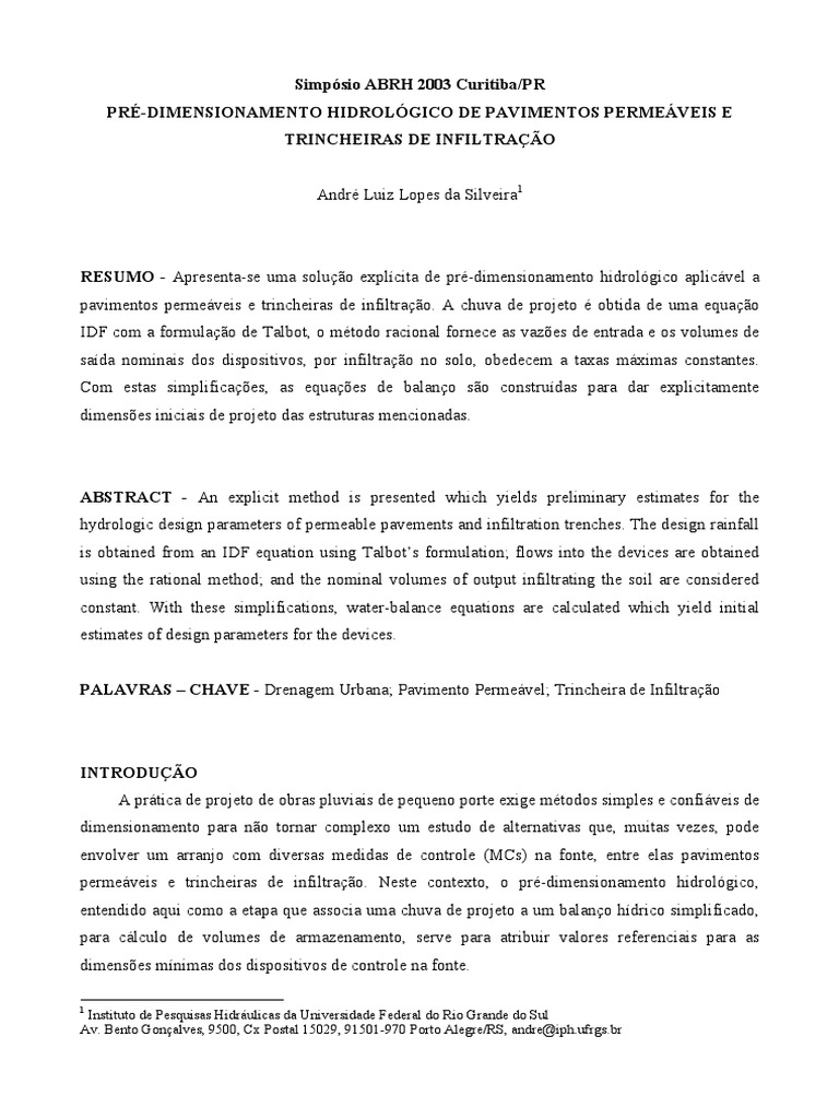 Método explícito para o pré-dimensionamento hidrológico de pavimentos permeáveis e trincheiras ...