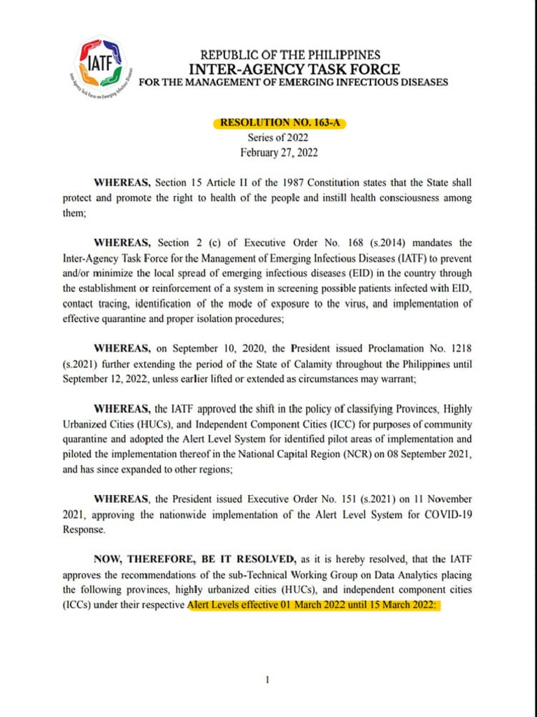 Iatf Resolution No. 163 A Placing NCR and 38 Other Areas Under Alert ...