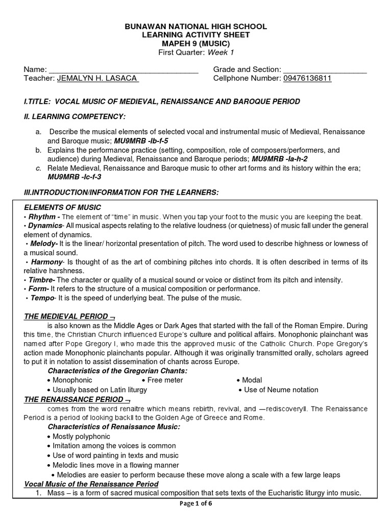 LAS MAPEH 9 Q1 W1 Music | PDF | Baroque Music | Choir
