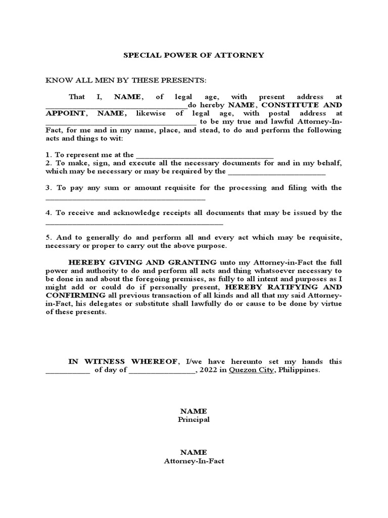 Special Power of Attorney Format | PDF | Power Of Attorney | Notary Public