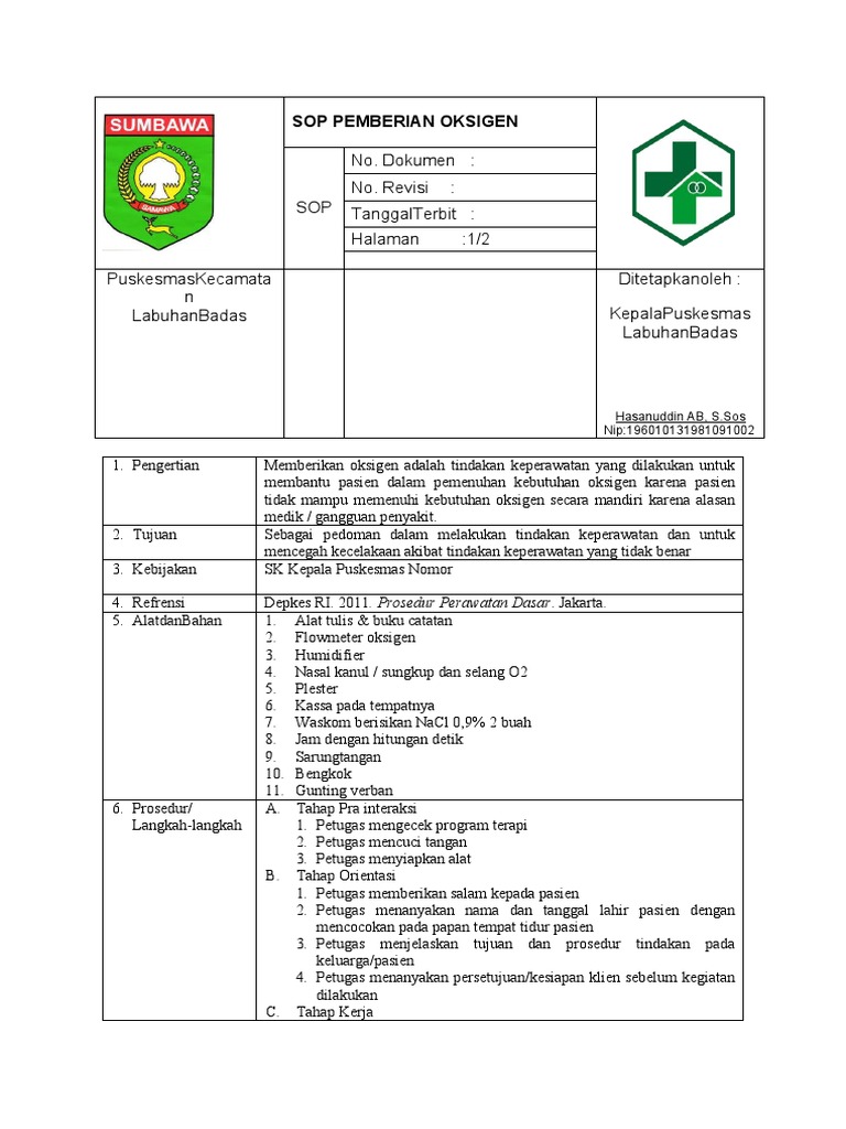 Sop Pemberian Oksigen | PDF | Kesehatan Holistik
