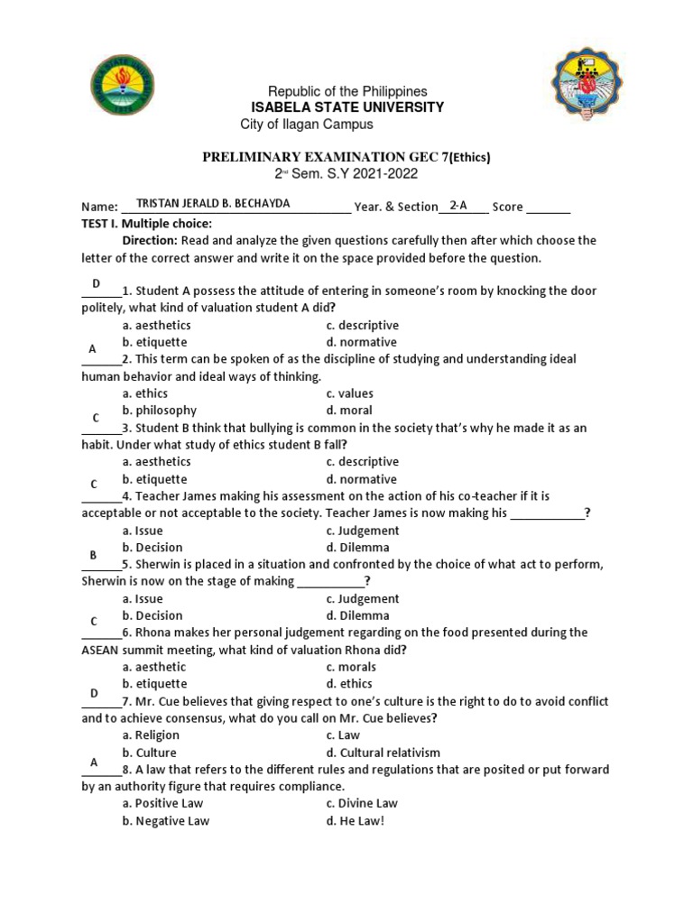 Bechayda, Tristan-Jerald-B - 2a - Ethics - Prelim | PDF | Utilitarianism | Psychological Egoism