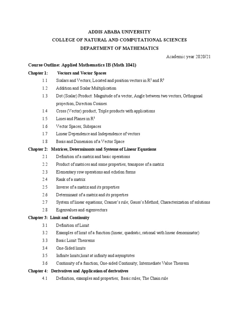 Course Outline Math 1041 | PDF | Vector Space | Matrix (Mathematics)