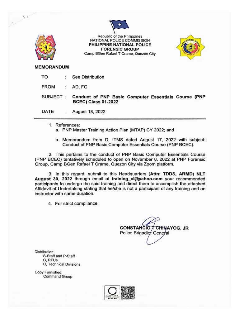 Conduct of PNP Basic Computer Essentials Course (PNP BCEC) | PDF