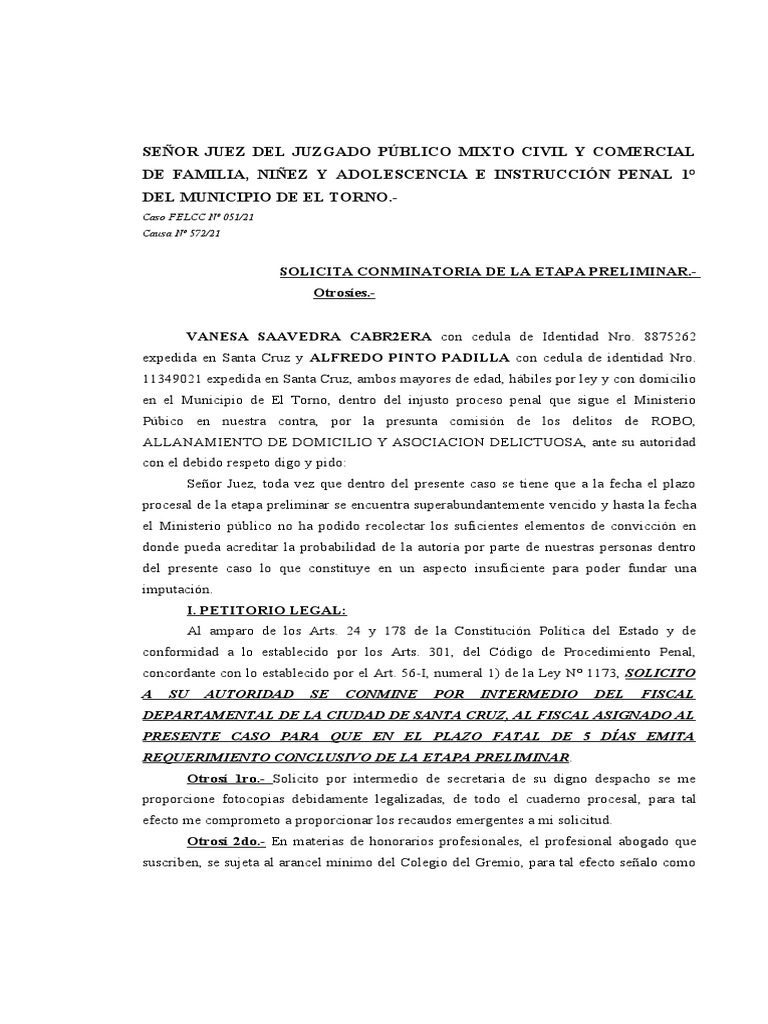 Memorial de Conminatoria Caso Robo Pollos (Vanesa Saavedra) | PDF ...