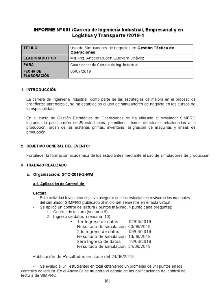 Informe SIMPRO Gestion Tactica de Operaciones 2019-1 Grupo 2 | PDF | Logística | Ingeniería ...