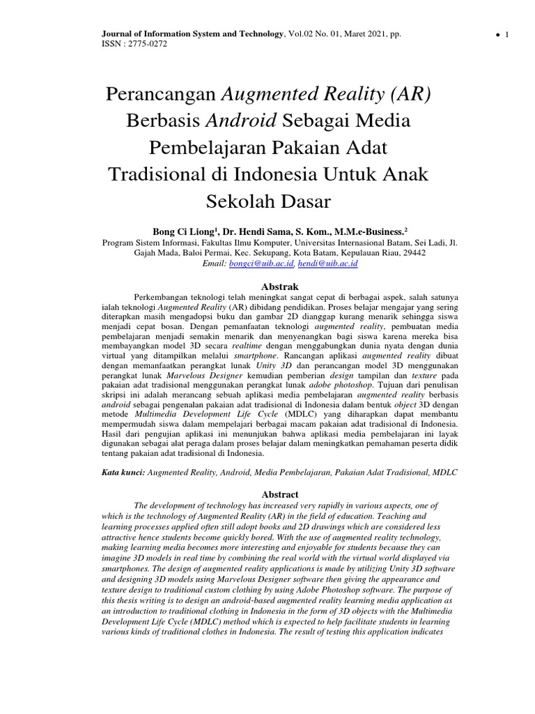 Perancangan Augmented Reality (AR) Berbasis Android Sebagai Media Pembelajaran Pakaian Adat ...