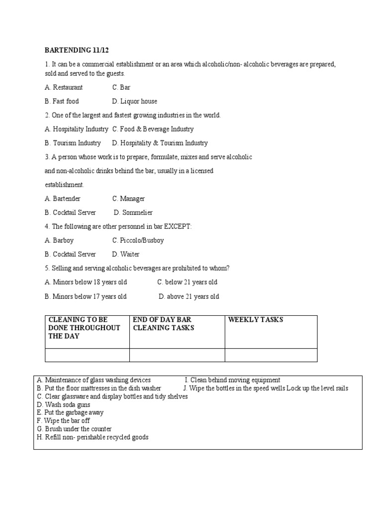 Bartending 11 - Quiz | PDF | Waiting Staff | Dishwasher