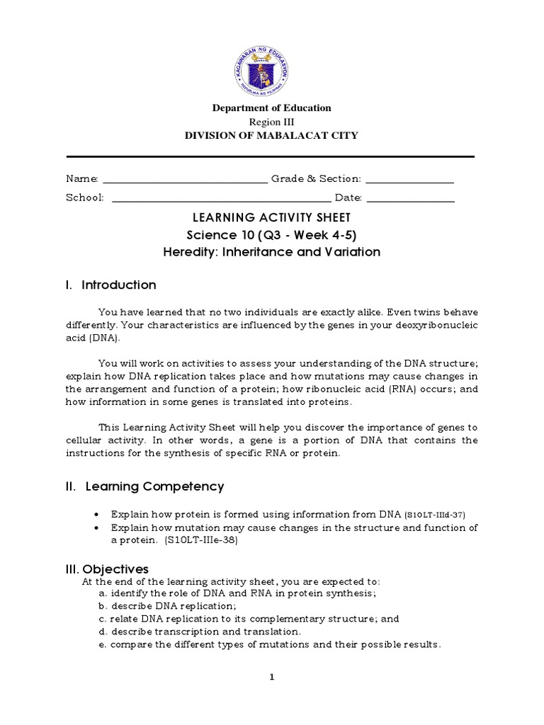 GQA-Science10 Q3 Wk4-5 Protein-Synthesis GQA - LRQA | PDF | Translation (Biology) | Rna