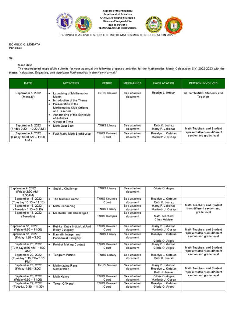 Proposed Activities Math Month Celebration | PDF | Science | Mathematics