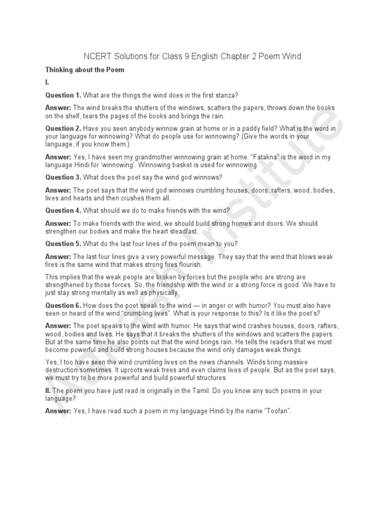 NCERT Solutions for Class 9 English Chapter 2 Poem Wind.docx | PDF